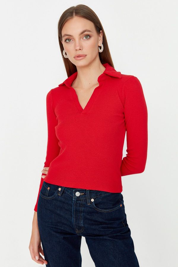 TRENDYOL RED RIBBED FITTED KNITTED BLOUSE