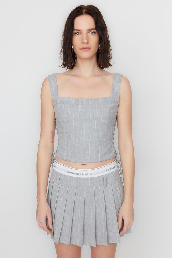 TRENDYOL X SAGAZA STUDIO GRAY STRIPED TIE DETAILED BLOUSE