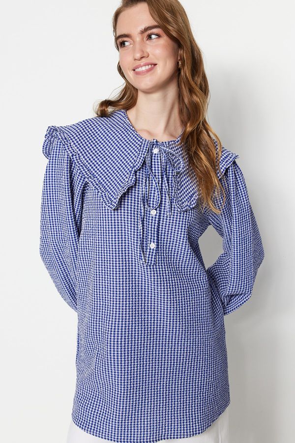 TRENDYOL BLUE BABY COLLAR GINGHAM PATTERNED WOVEN TUNIC