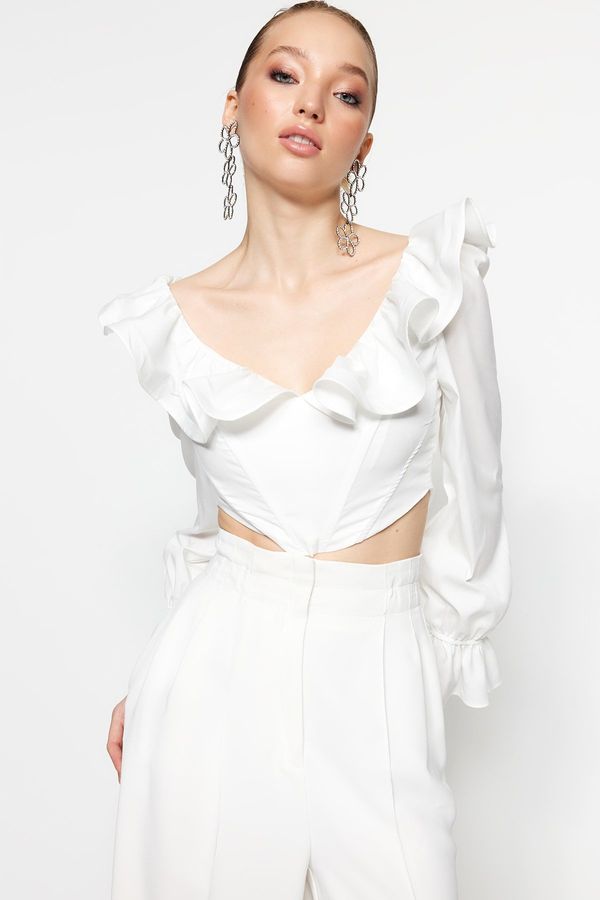TRENDYOL ECRU CROP LINED RUFFLE POPLIN BLOUSE