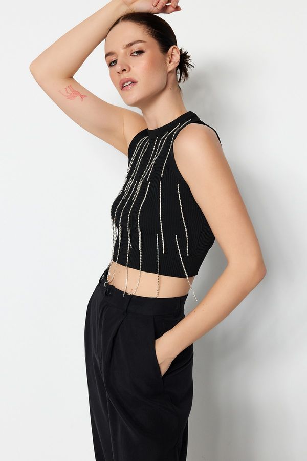 TRENDYOL BLACK CROP STONE DETAILED KNITWEAR BLOUSE