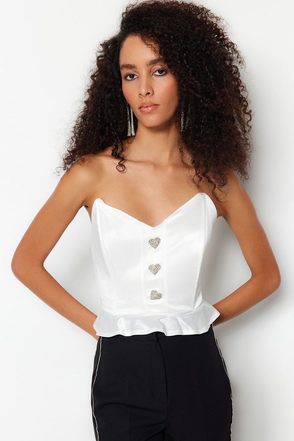 TRENDYOL ECRU CROP LINED KNITTED ACCESSORIES FLOUNCE SATIN BRIDAL BLOUSE
