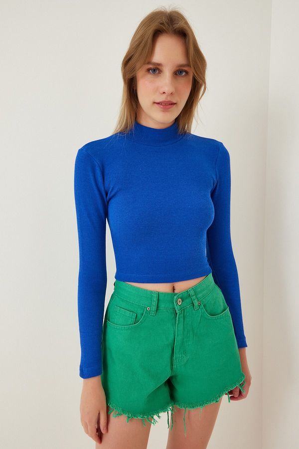 HAPPINESS İSTANBUL WOMEN'S VIVID BLUE RIBBED TURTLENECK CROP KNITTED BLOUSE