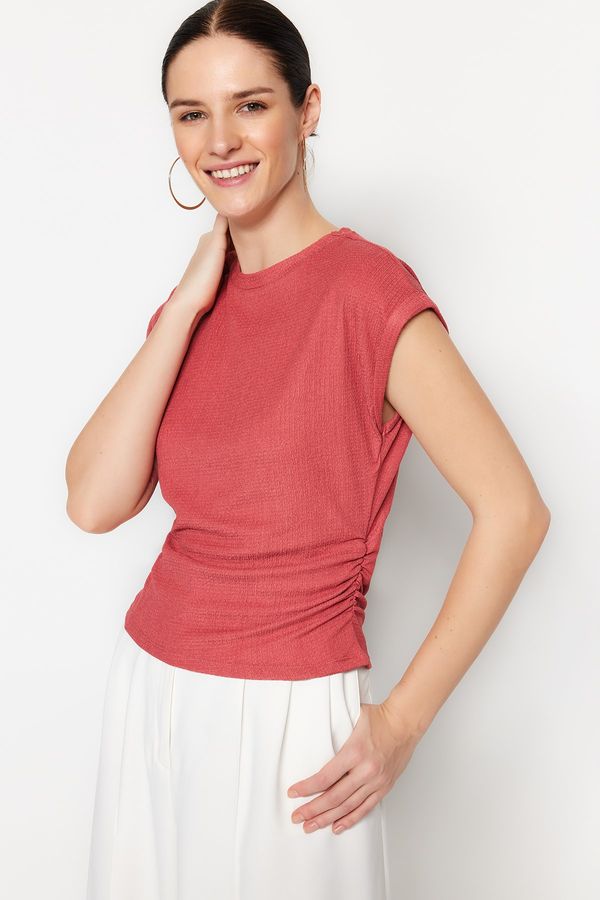 TRENDYOL BASIC CREW NECK RUFFLED KNITTED BLOUSE WITH DUSTY ROSE GATHER DETAIL