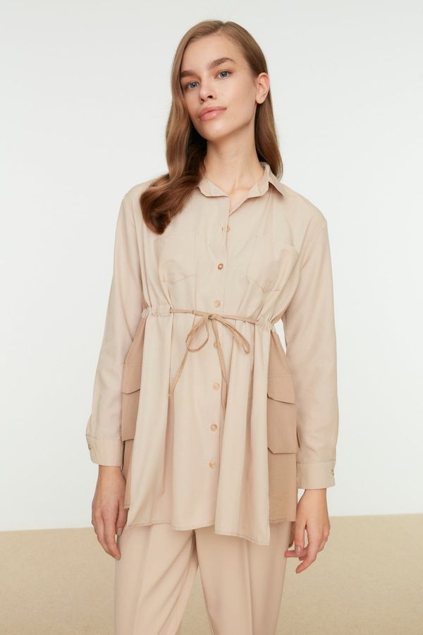 TRENDYOL BEIGE COLOR BLOCK FASTENING AND POCKET DETAIL WOVEN SHIRT