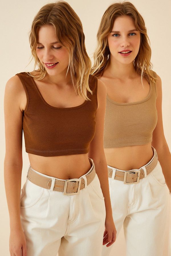 HAPPINESS İSTANBUL WOMEN'S BROWN BISCUIT STRAPLESS CROP TWO-PACK KNITTED BLOUSE
