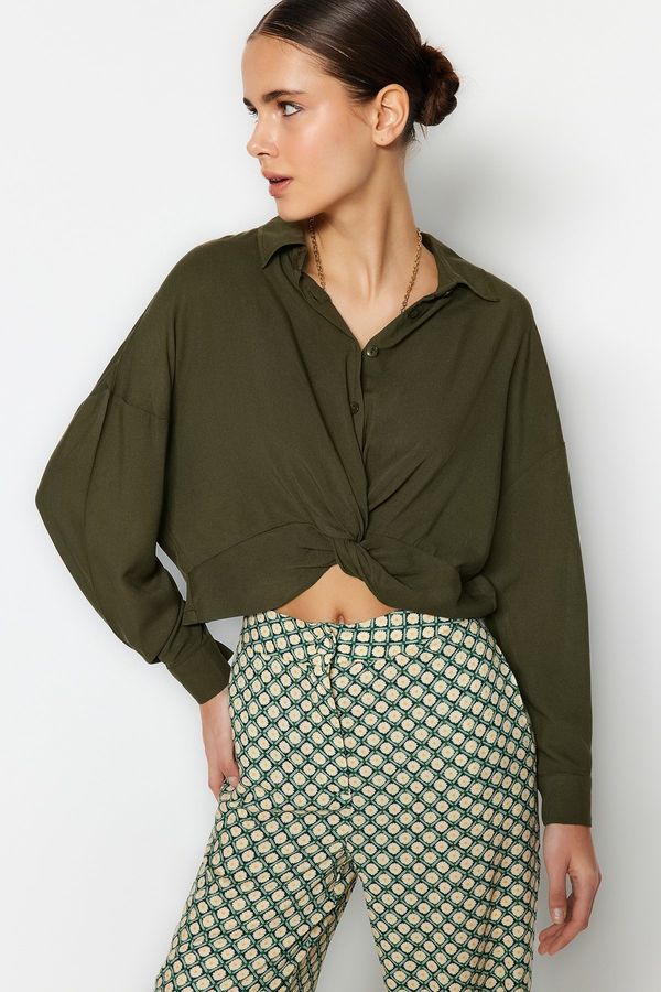 TRENDYOL KHAKI CROP WOVEN BLOUSE
