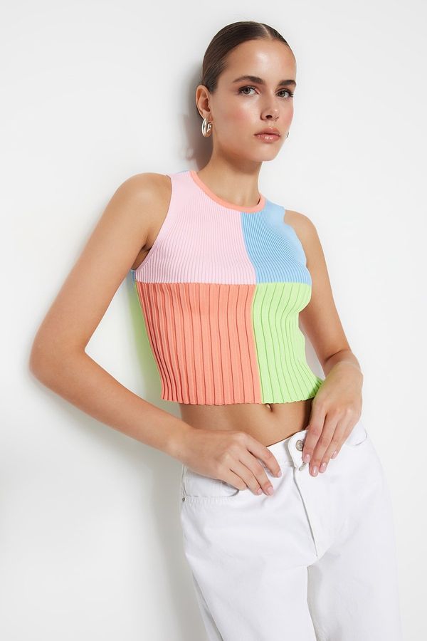 TRENDYOL ORANGE CROP COLOR BLOCKED KNITWEAR BLOUSE