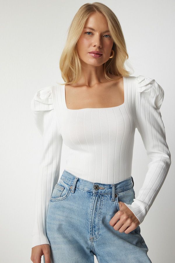 HAPPINESS İSTANBUL WOMEN'S WHITE SQUARE NECK RIBBED KNITWEAR BLOUSE