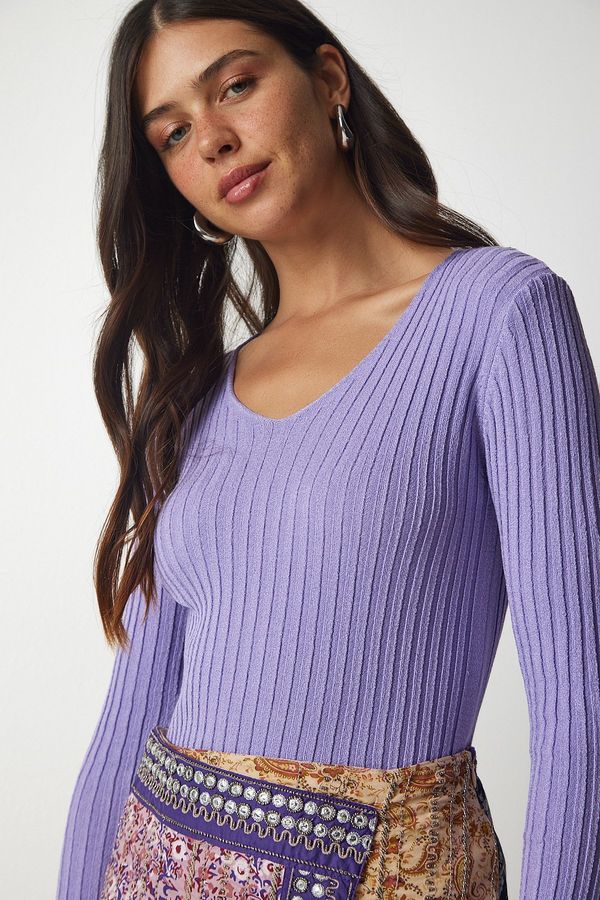 HAPPINESS İSTANBUL WOMEN'S LILAC V-NECK CORDUROY BASIC BLOUSE