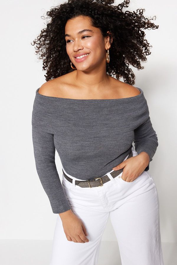 TRENDYOL CURVE ANTHRACITE CARMEN COLLAR KNITWEAR SWEATER