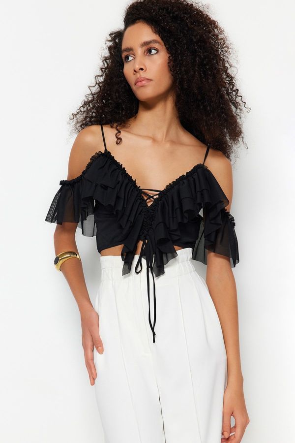 TRENDYOL BLACK CROP KNITTED FRILLY BLOUSE
