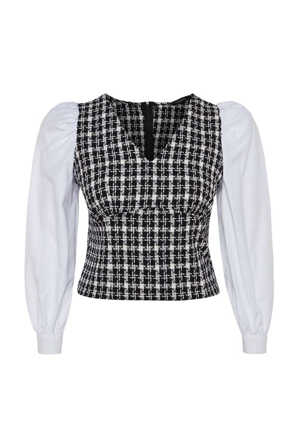 TRENDYOL CURVE WHITE TWEED PATTERNED BLOUSE