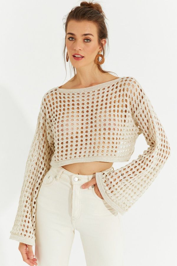 COOL & SEXY WOMEN'S ECRU SILVERY OPENWORK KNITWEAR SHORT BLOUSE YV141