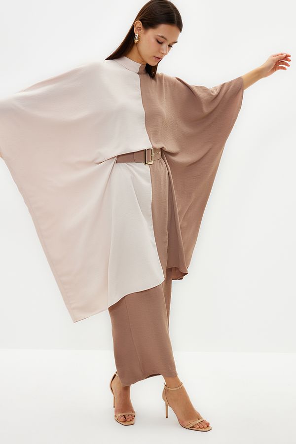 TRENDYOL MINK COLOR BLOCK BELTED WAIST TUNIC-PANTS WOVEN SUIT