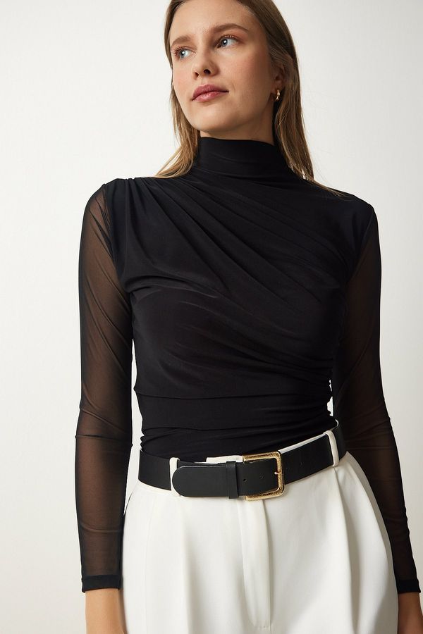 HAPPINESS İSTANBUL WOMEN'S BLACK CHIFFON SLEEVE GATHERED KNITTED BLOUSE