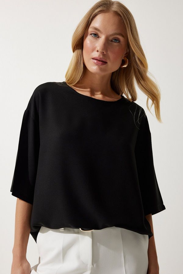 HAPPINESS İSTANBUL WOMEN'S BLACK CREW NECK FLOWY VISCOSE BLOUSE