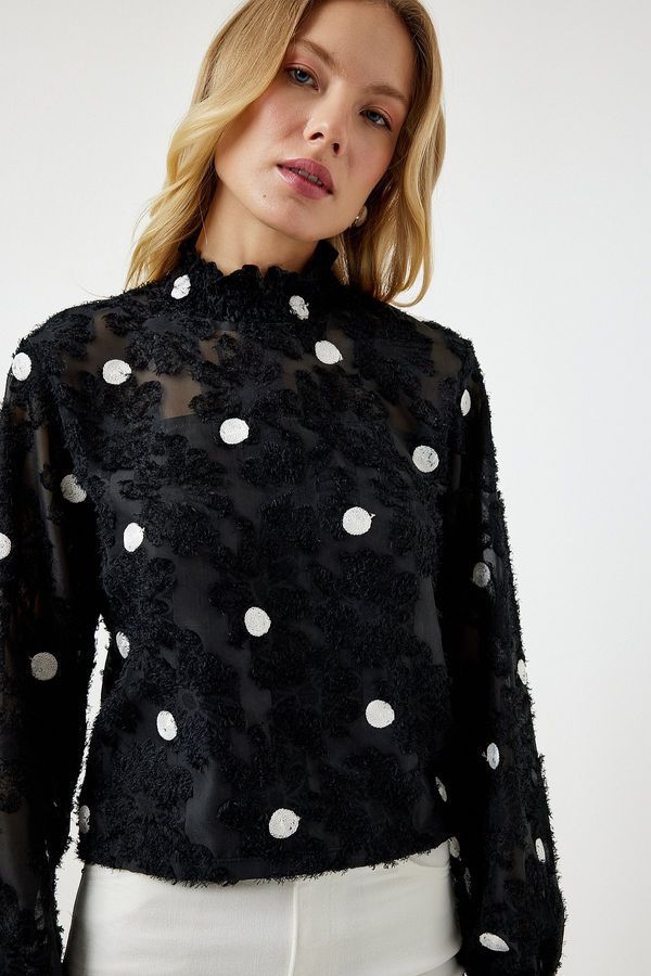 HAPPINESS İSTANBUL WOMEN'S BLACK MARKED POLKA DOT WOVEN BLOUSE