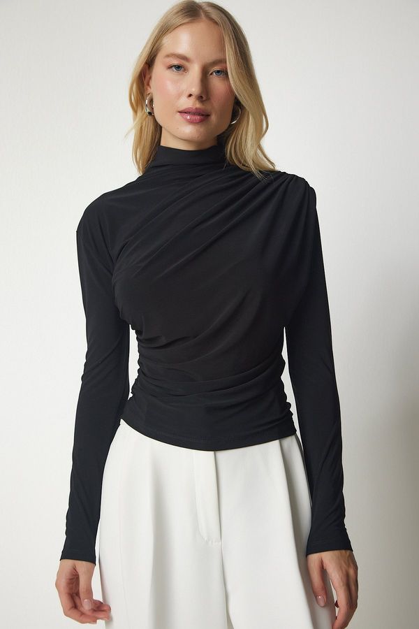 HAPPINESS İSTANBUL WOMEN'S BLACK GATHERED DETAILED HIGH NECK SANDY BLOUSE