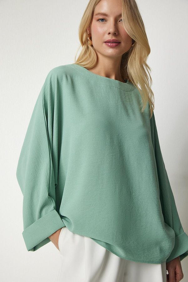 HAPPINESS İSTANBUL WOMEN'S AQUA GREEN BAT SLEEVE FLOWY AYROBIN BLOUSE
