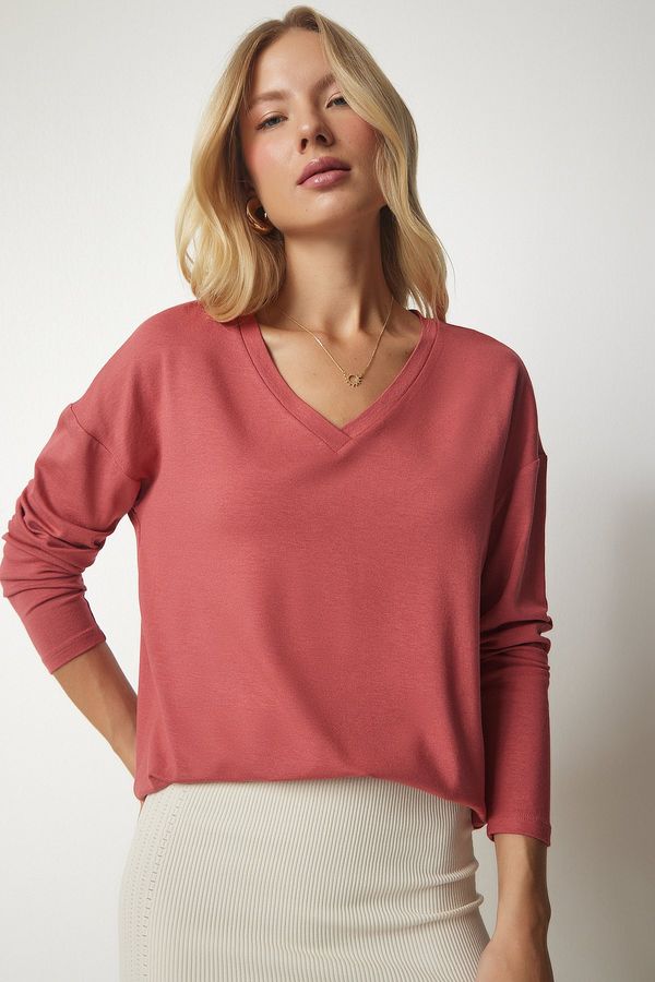 HAPPINESS İSTANBUL WOMEN'S PALE PINK V-NECK KNITWEAR BLOUSE