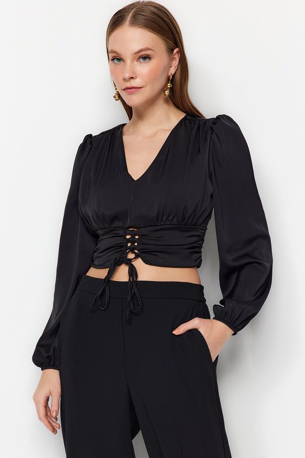 TRENDYOL BLACK TIE DETAIL SATIN WOVEN BLOUSE