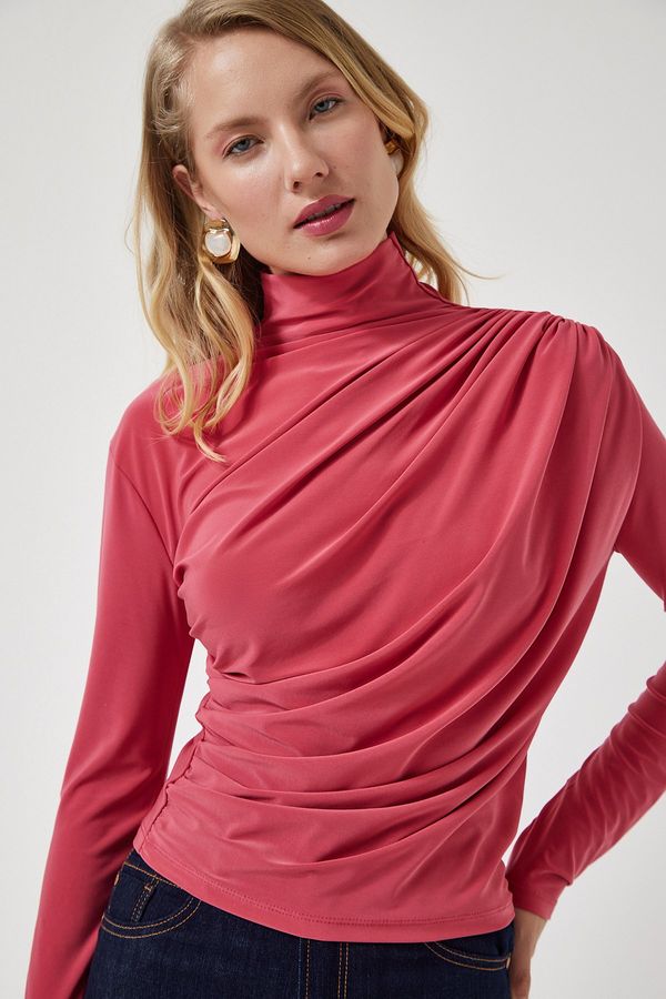 HAPPINESS İSTANBUL WOMEN'S CANDY PINK GATHERED DETAILED HIGH NECK SANDY BLOUSE