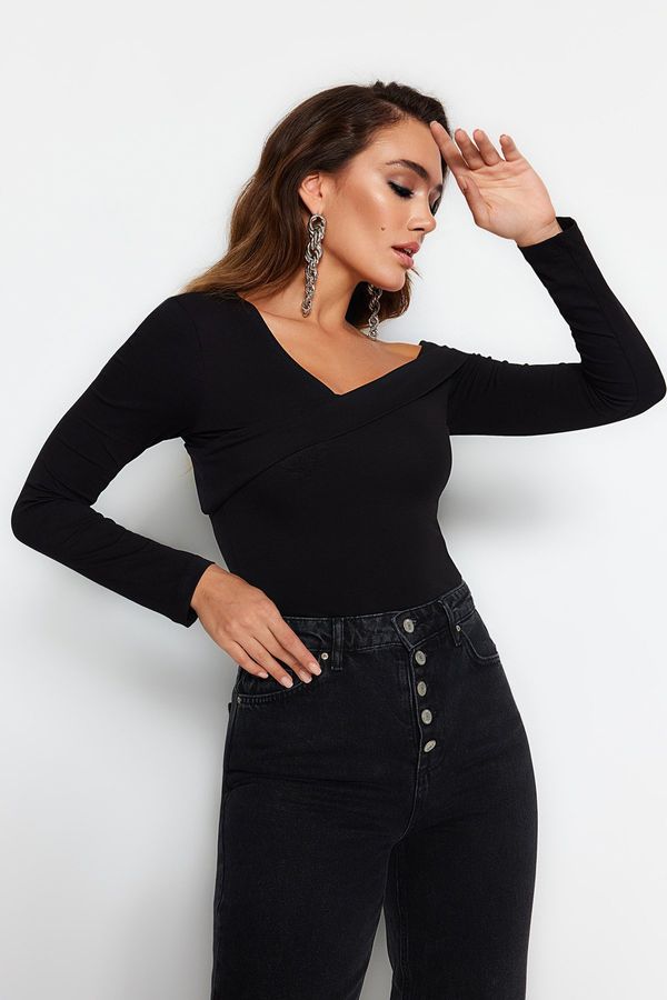 TRENDYOL BLACK COTTON STRETCH FLOUNCE FITTED CROP KNITTED BLOUSE