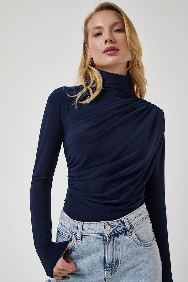 HAPPINESS İSTANBUL WOMEN'S NAVY BLUE GATHERED DETAILED HIGH NECK SANDY BLOUSE