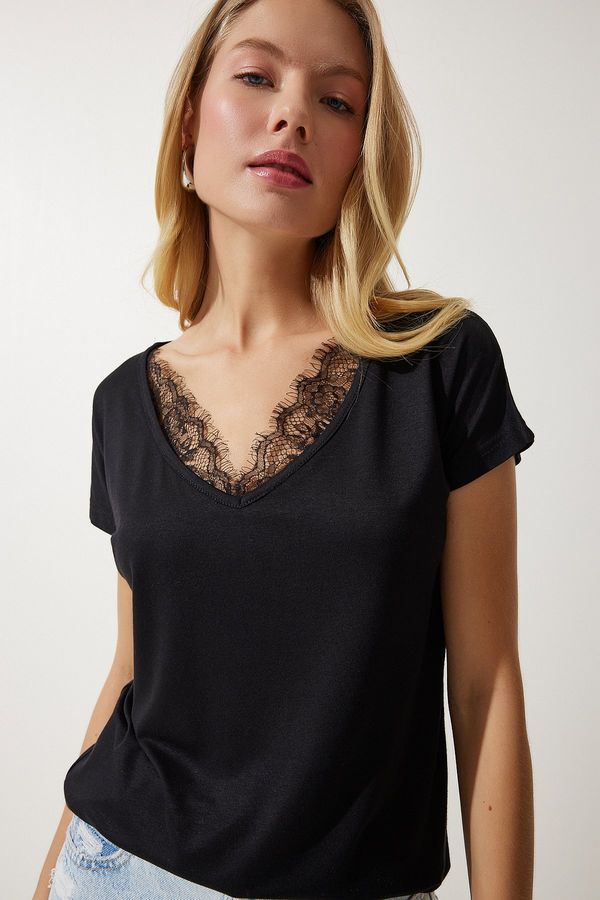 HAPPINESS İSTANBUL WOMEN'S BLACK LACE DETAILED VISCOSE BLOUSE