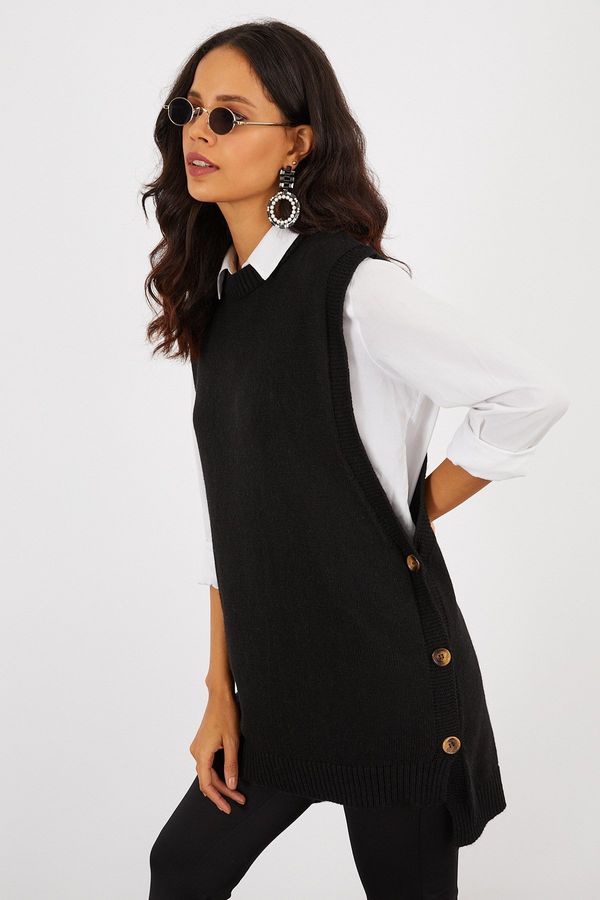 COOL & SEXY WOMEN'S BLACK BUTTONED SIDES SLEEVELESS KNITWEAR TUNIC YV75