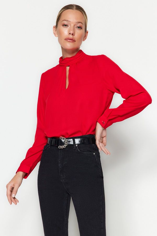 TRENDYOL RED HIGH COLLAR WOVEN BLOUSE