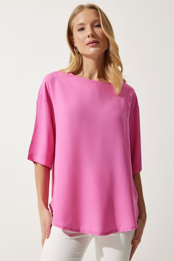 HAPPINESS İSTANBUL WOMEN'S PINK CREW NECK FLOWY VISCOSE BLOUSE