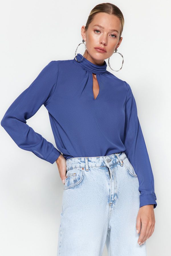 TRENDYOL NAVY BLUE HIGH COLLAR WOVEN BLOUSE