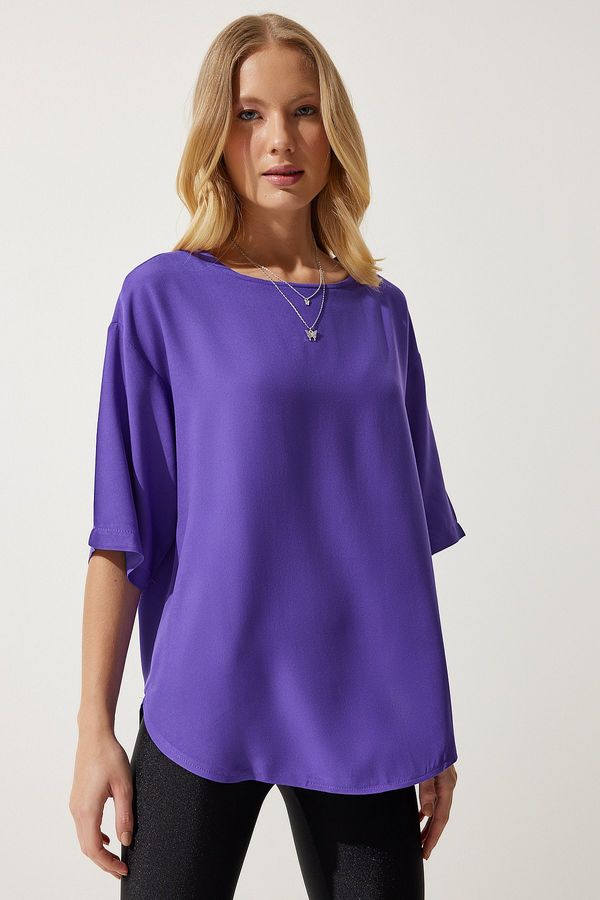 HAPPINESS İSTANBUL WOMEN'S PURPLE CREW NECK FLOWY VISCOSE BLOUSE