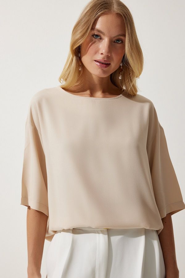 HAPPINESS İSTANBUL WOMEN'S CREAM CREW NECK FLOWY VISCOSE BLOUSE