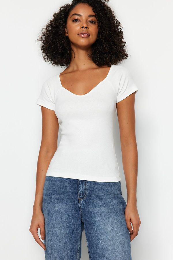 TRENDYOL WHITE FITTED COTTON STRETCH KNITTED BLOUSE