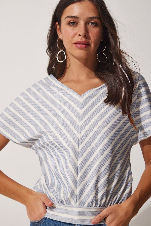 HAPPINESS İSTANBUL WOMEN'S LIGHT BLUE WHITE STRIPED V-NECK KNITTED BLOUSE