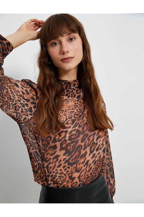 KOTON CHIFFON BLOUSE LEOPARD PATTERNED DRAPED COLLAR BALLOON SLEEVE