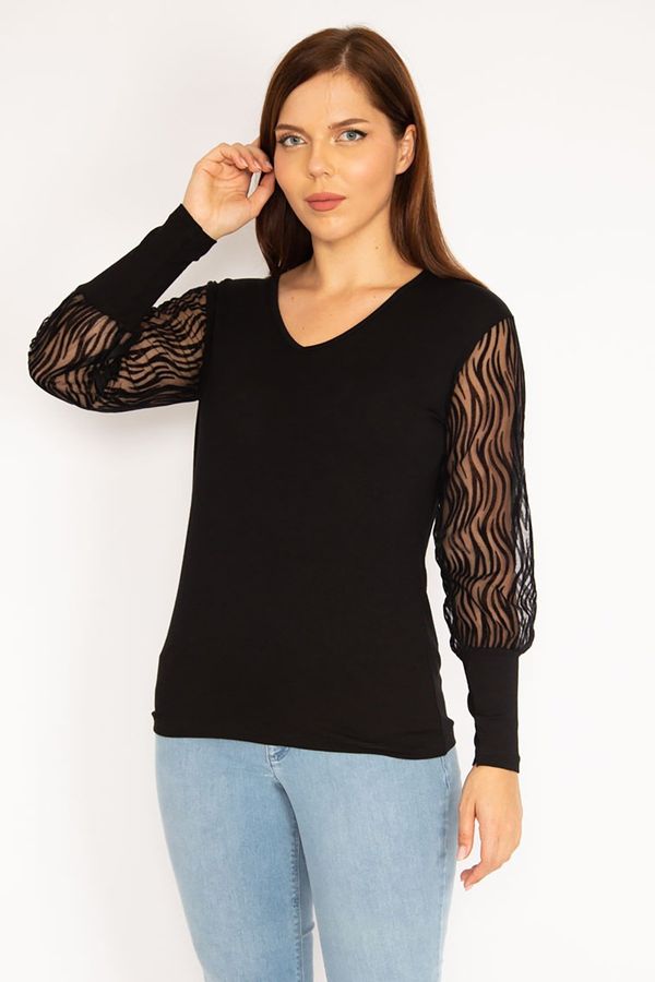 Şans Women's Plus Size Black Flocked Detailed Blouse