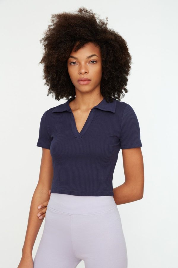 TRENDYOL NAVY BLUE FITTED/SKINNED CROP POLO NECK RIBBED STRETCH KNIT BLOUSE