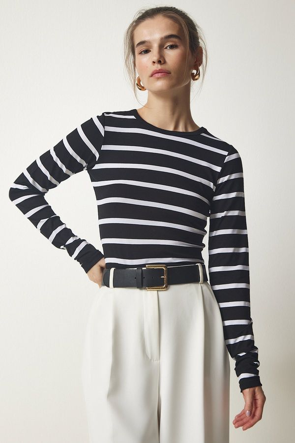 HAPPINESS İSTANBUL WOMEN'S BLACK STRIPED KNITTED BLOUSE