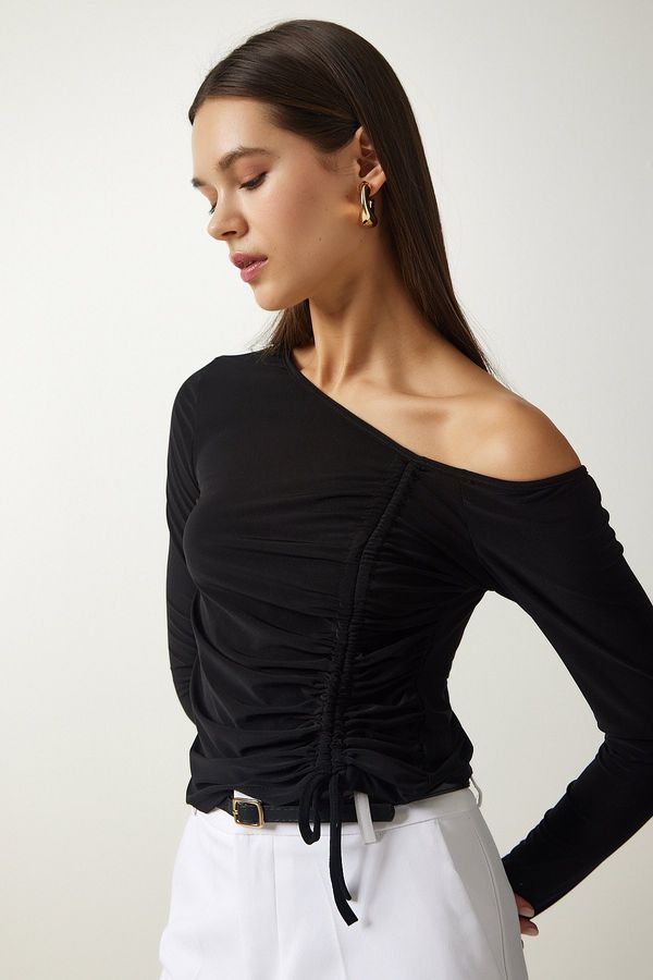HAPPINESS İSTANBUL WOMEN'S BLACK GATHER DETAILED KNITTED BLOUSE