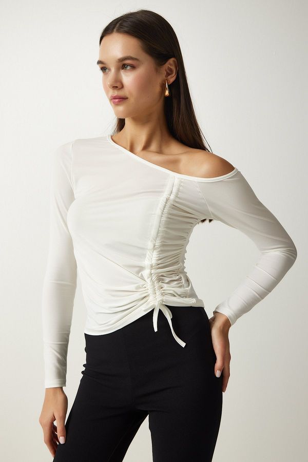 HAPPINESS İSTANBUL WOMEN'S WHITE GATHER DETAILED KNITTED BLOUSE