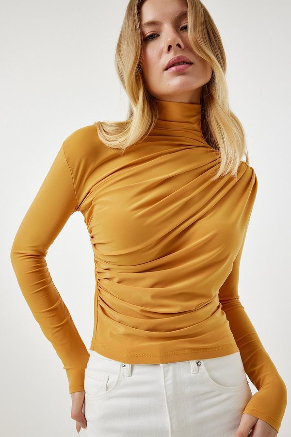 HAPPINESS İSTANBUL WOMEN'S MUSTARD GATHERED DETAILED HIGH NECK SANDY BLOUSE