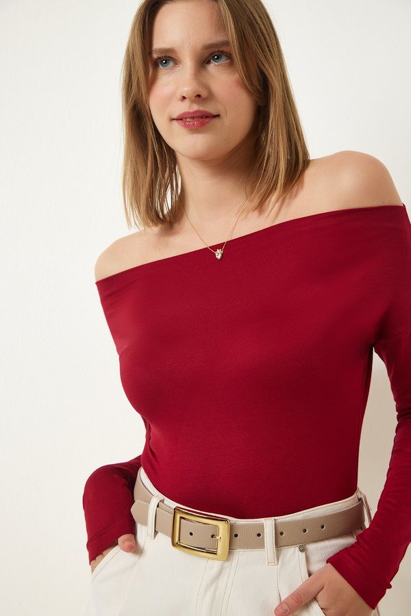 HAPPINESS İSTANBUL WOMEN'S BURGUNDY BOAT NECK KNITTED BLOUSE