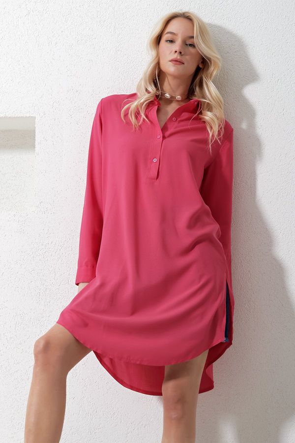 TREND ALAÇATI STILI WOMEN'S FUCHSIA SHIRT COLLAR HALF POP LONG WOVEN TUNIC
