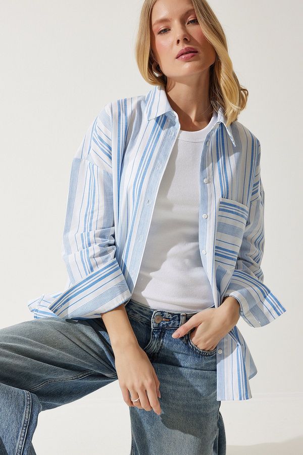 HAPPINESS İSTANBUL WOMEN'S WHITE BLUE STRIPED COTTON OVERSIZE SHIRT