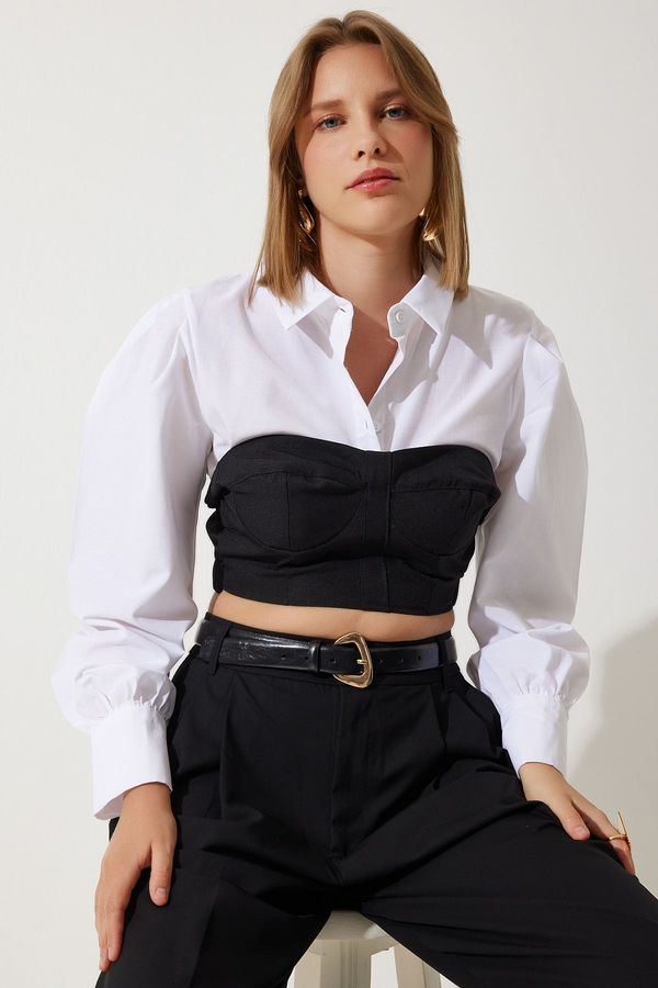 HAPPINESS İSTANBUL WOMEN'S WHITE BLACK COLOR BLOCK CROP SHIRT BLOUSE