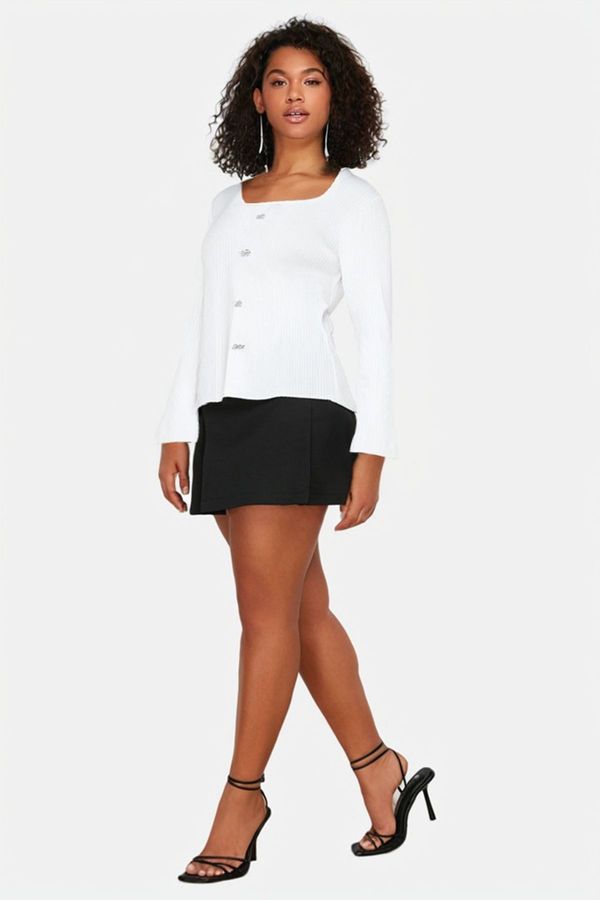 TRENDYOL CURVE ECRU SQUARE COLLAR CORDED BUTTON KNITWEAR BLOUSE